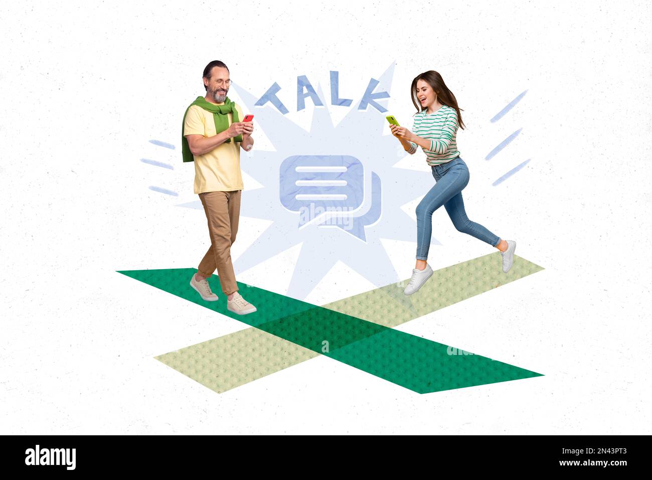 Creative photo collage of running positive woman mature man holding ...