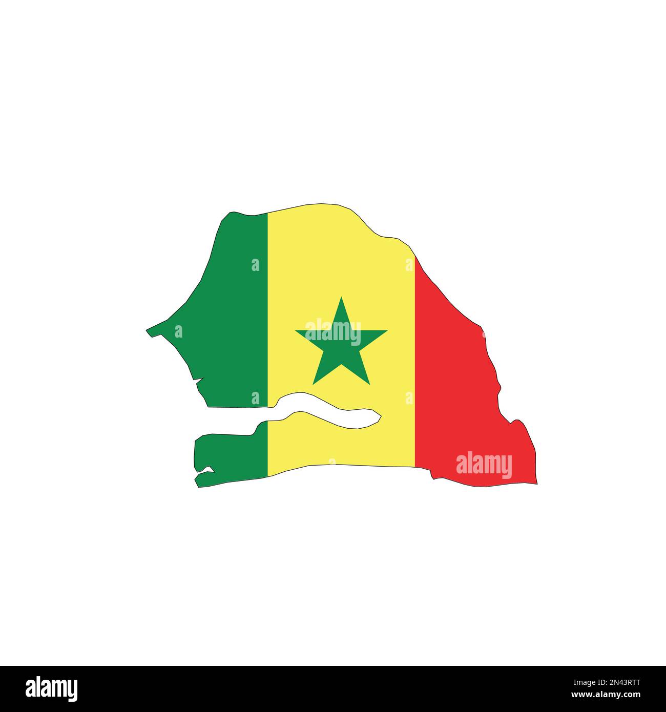 Senegal - national flag in a shape of country map silhouette with thin black outline. Simple ...