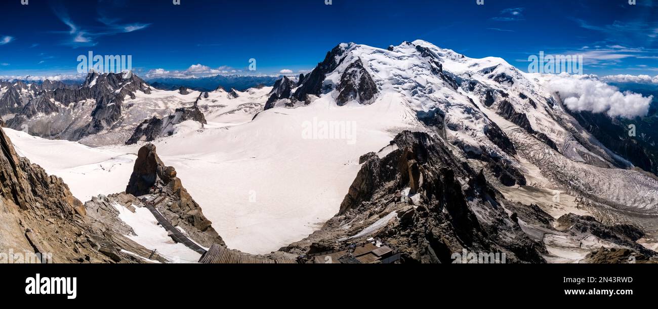 Panoramic view from Aiguille du Midi of the Géant Glacier and the Mont Blanc massif, summit of ...