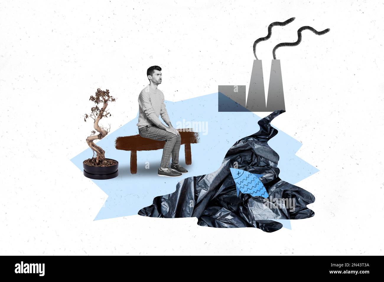 Creative magazine poster collage of sad guy sit bench look air ...