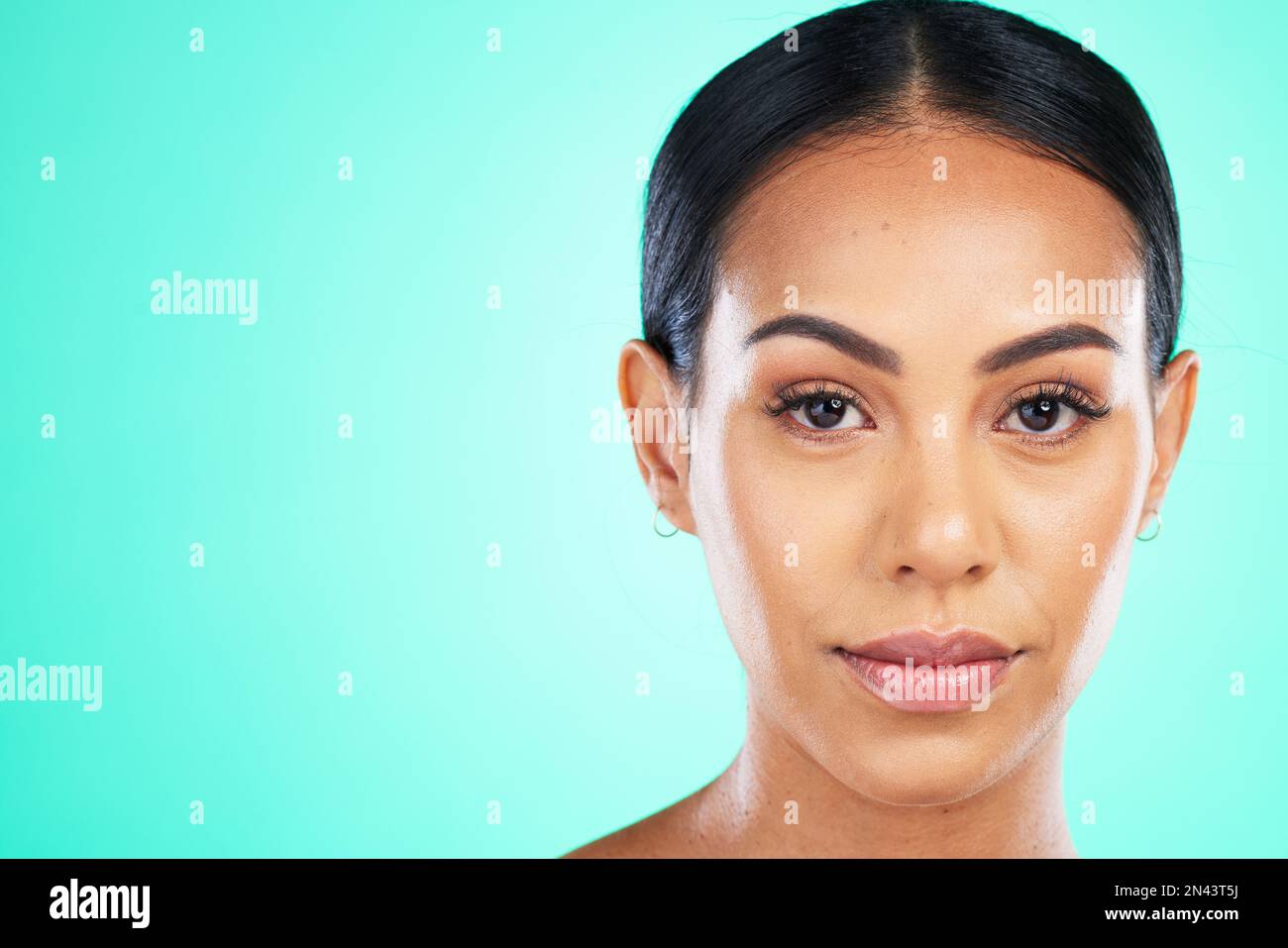 Beauty, face and black woman isolated on green background for cosmetics ...