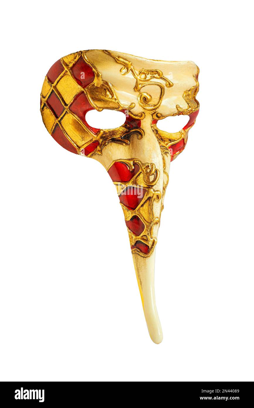 Venetian carnival face mask with a long nose isolated on white ...