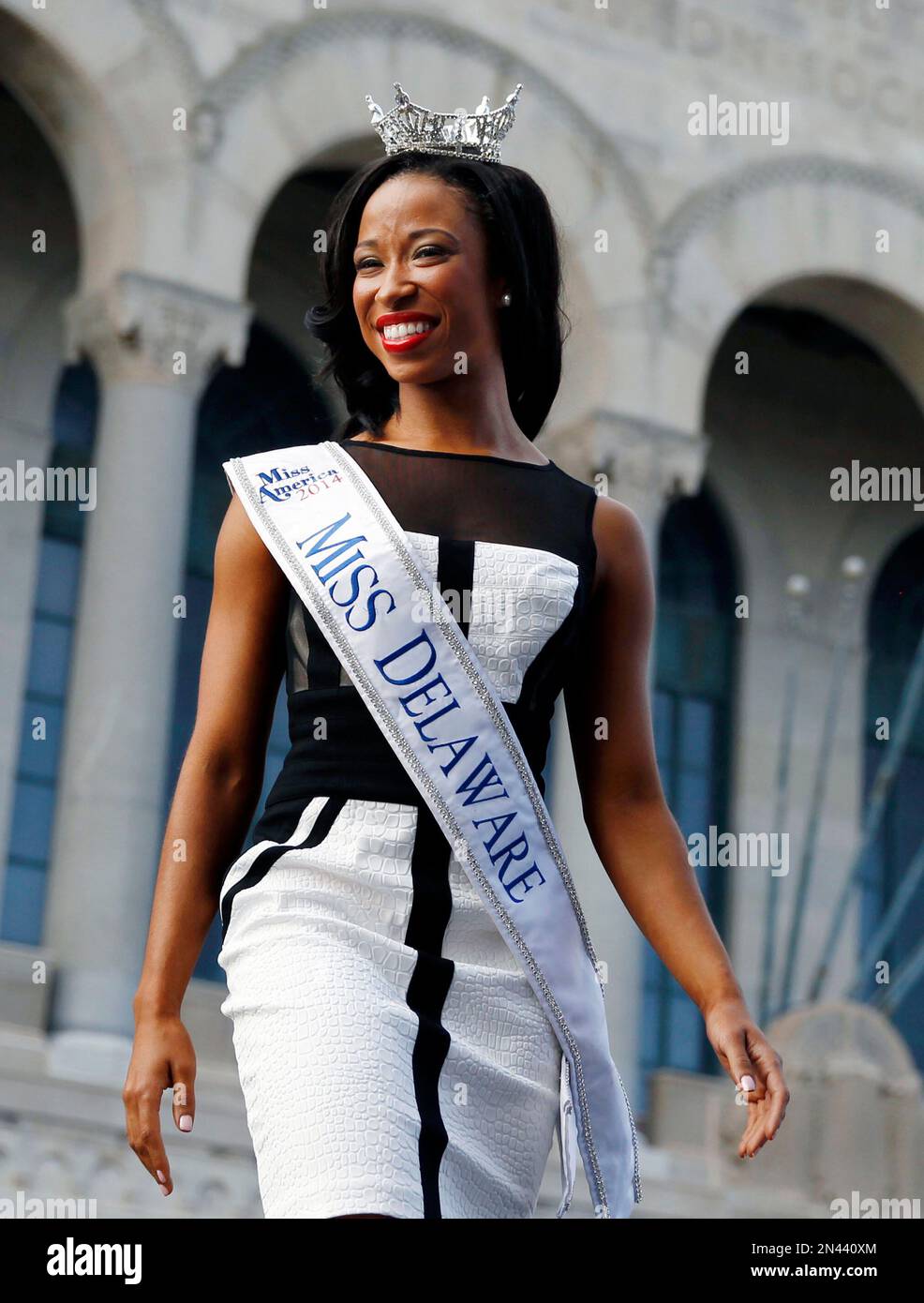 In this Sept. 3, 2014 photo, Miss Delaware Brittany Lewis walks during ...