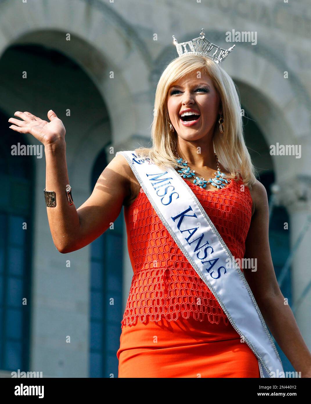 In this Sept. 3, 2014 photo, Miss Kansas Amanda Sasek acknowledges the ...