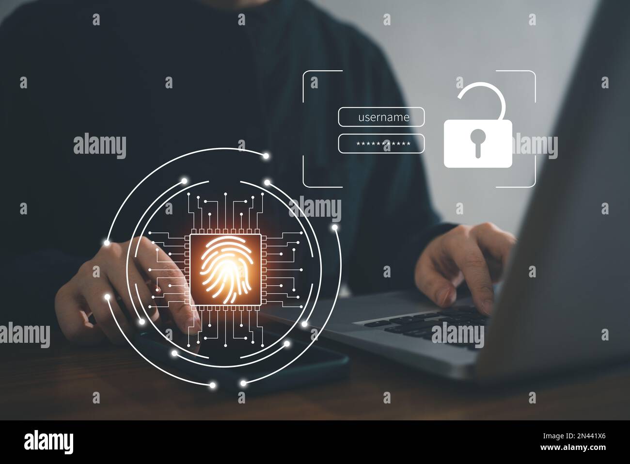 Login to secure system by fingerprint scan to access protected network service data with ...