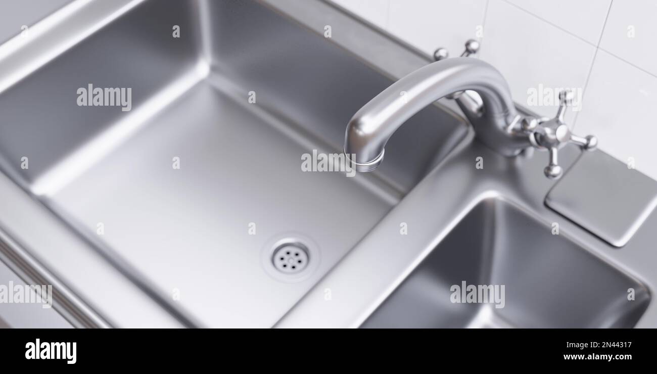 Stainless steel kitchen sink and modern new silver metal water tap ...