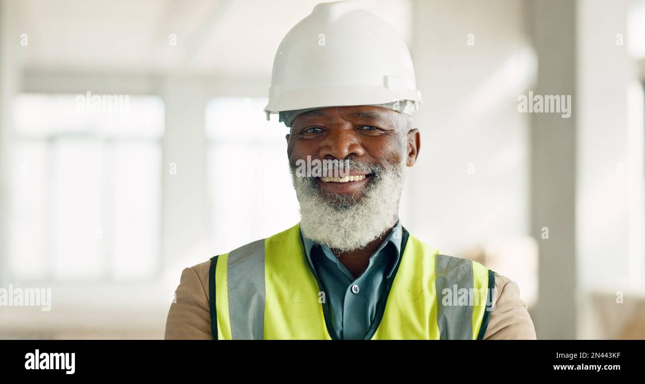 Senior black man, architect and portrait smile for construction or ...
