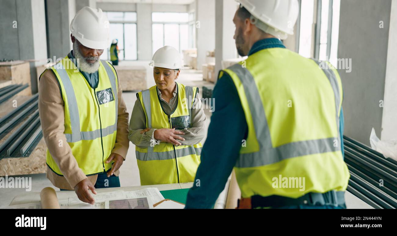 Team, construction and conversation for building, engineer and ...