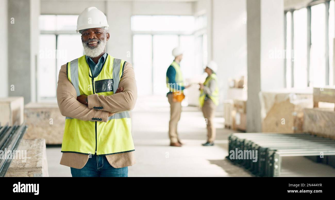 Senior black man, architect and business construction with crossed arms ...