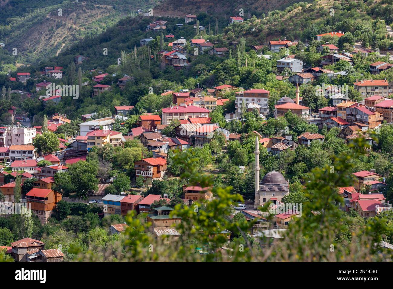Valley view of Kemaliye town. View of the old Kemaliye houses and the ...