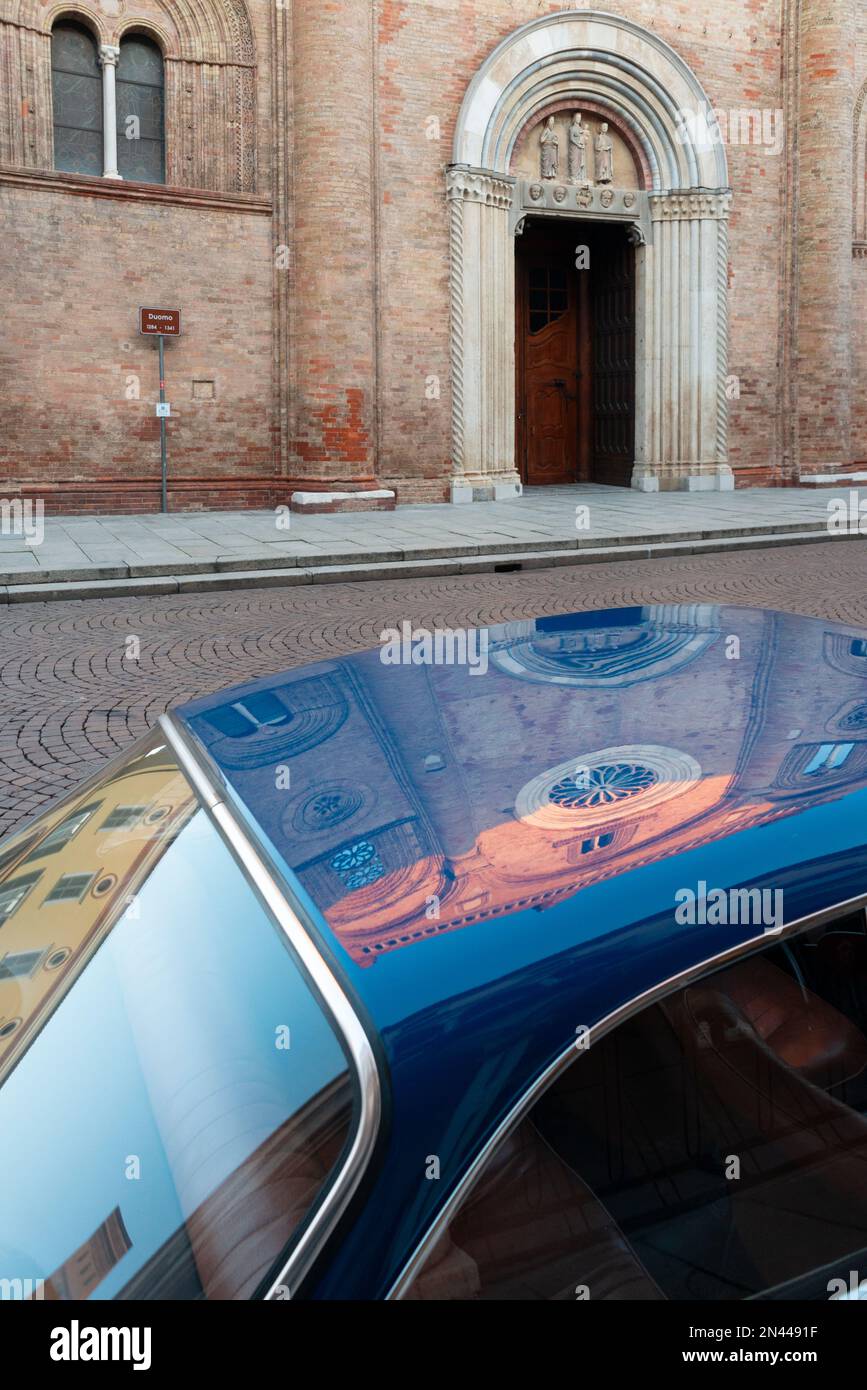 Italy, Lombardy, Crema, Piazza Duomo Square, Cathedral Reflected in the ...