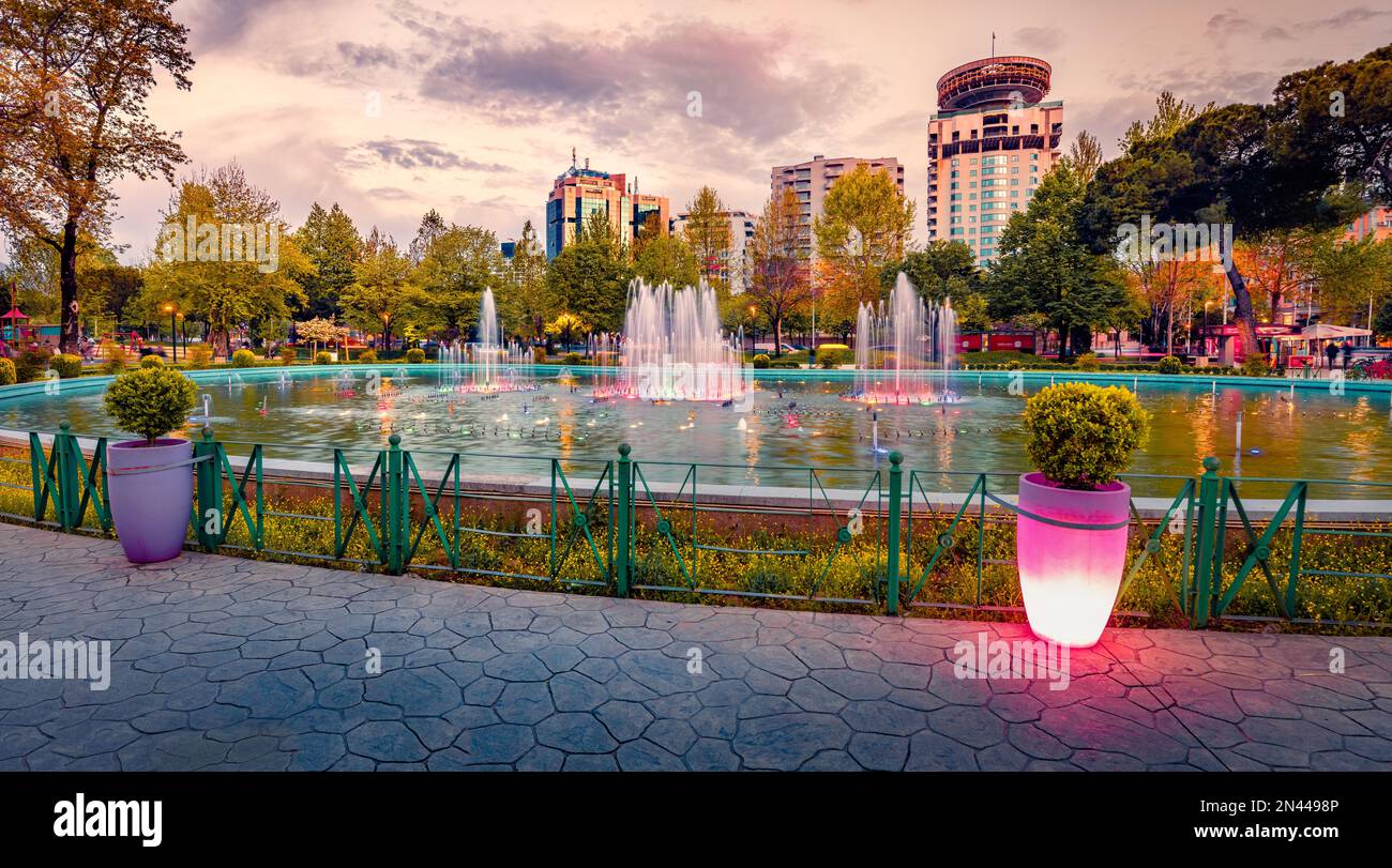 Spectacular spring view of Scanderbeg Square with illuminated fountain ...