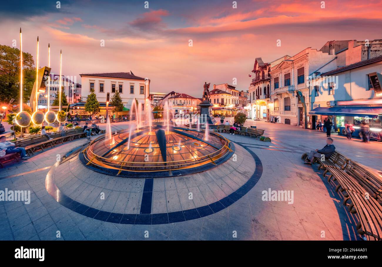Spectacular evening view of fountain in Central Park of Bitola city ...