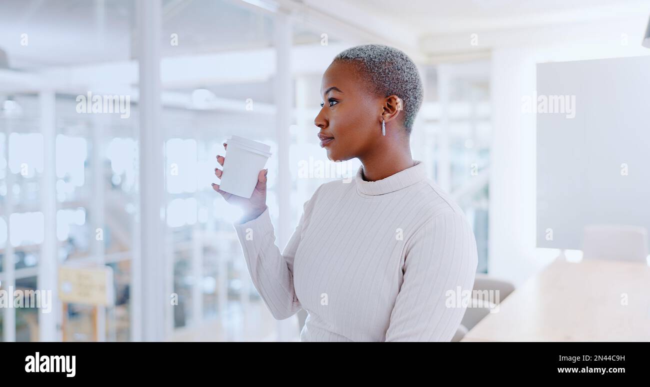Coffee, relax and black woman drink in office or company workplace. Tea ...