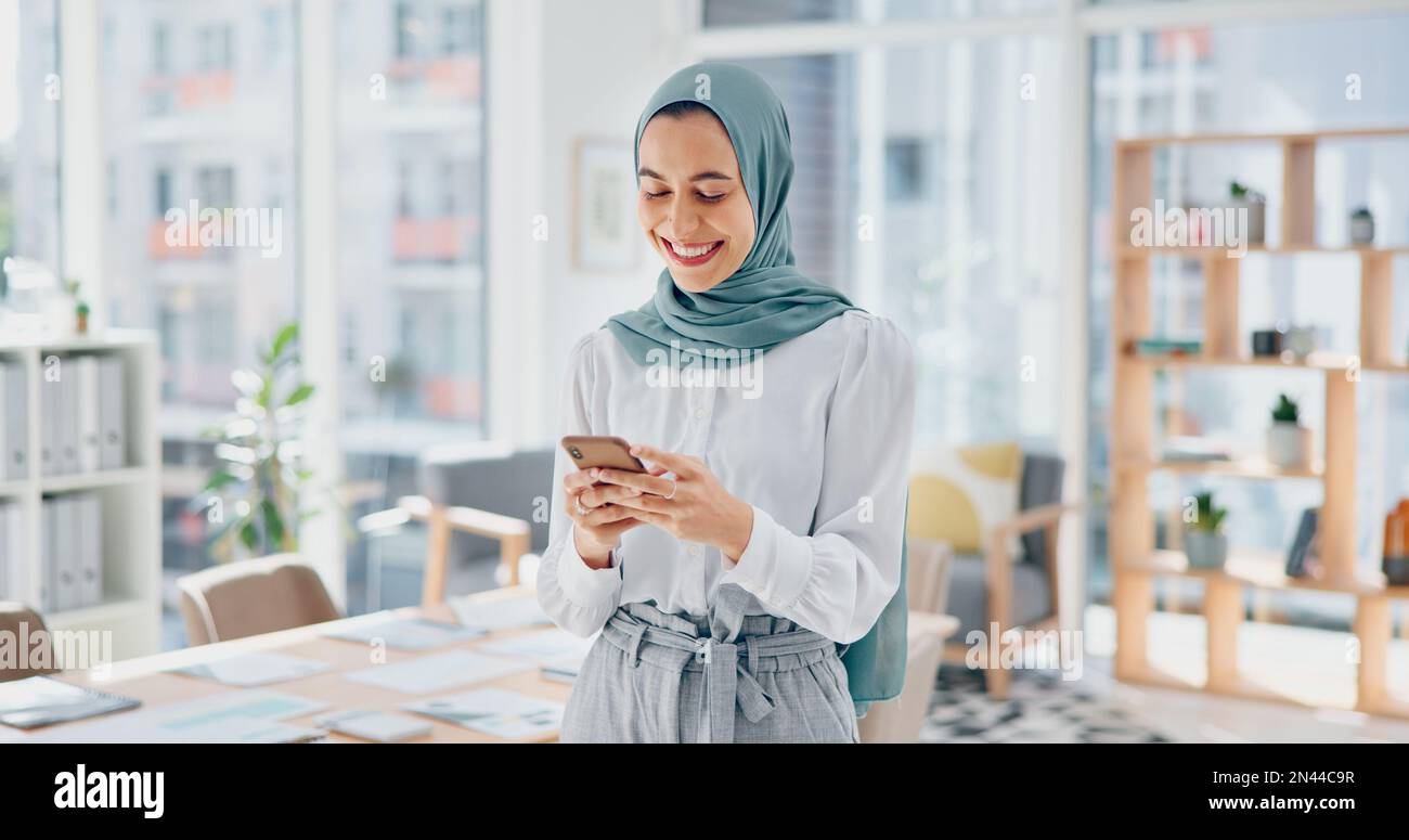 Creative muslim woman, phone and face smile for social media ...