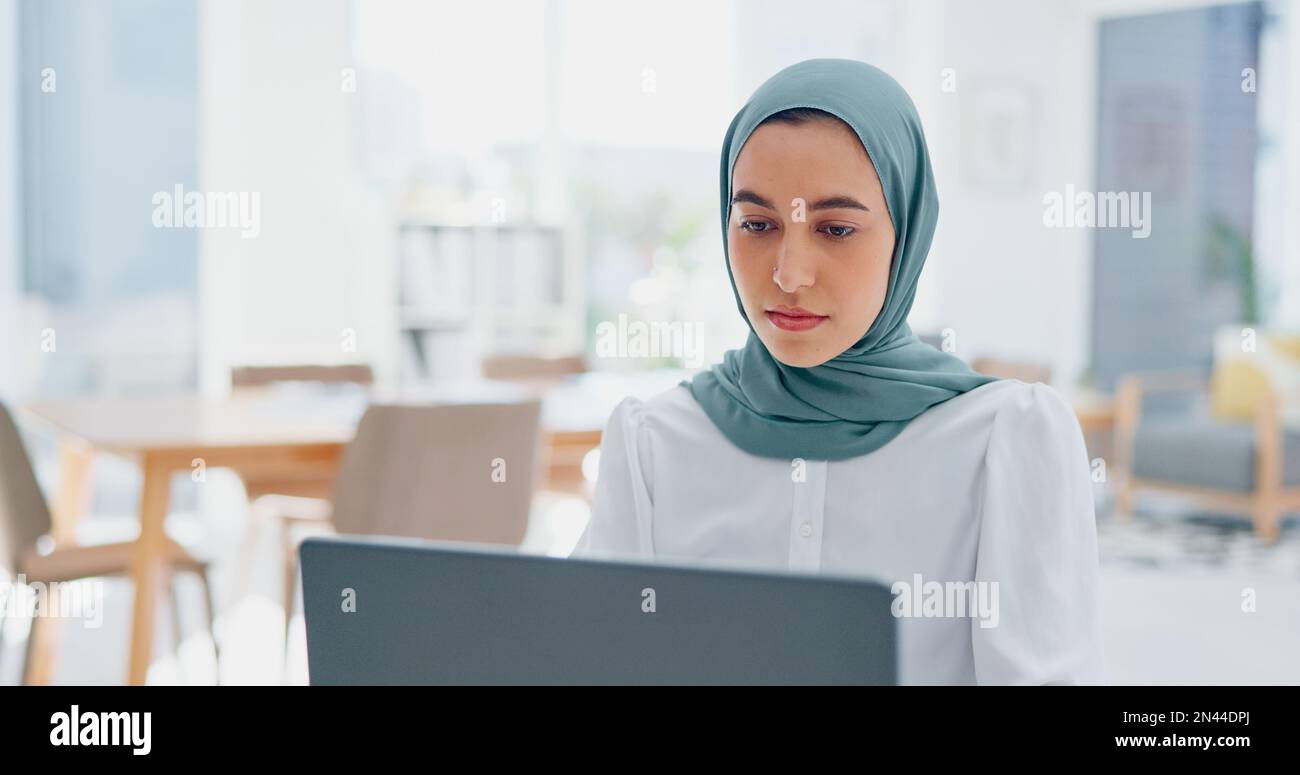 Corporate muslim woman, laptop or office for email communication ...