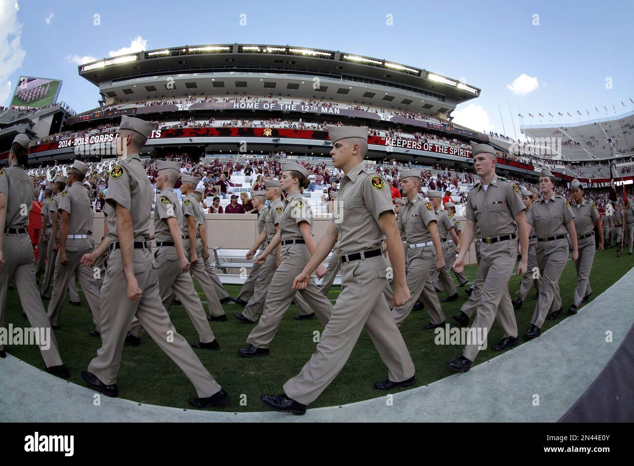 Members of the Texas A&M Corps of Cadets enter the field before an NCAA ...