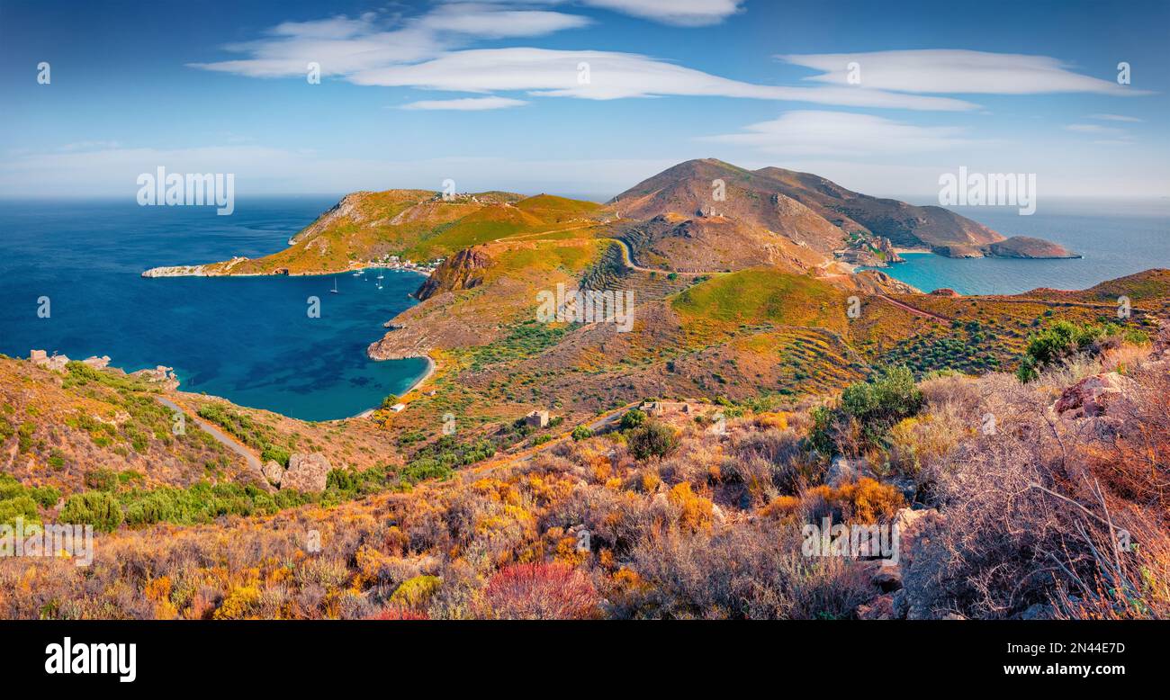 Panoramic summer view of Porto Kagio, seaside village in the East Mani ...