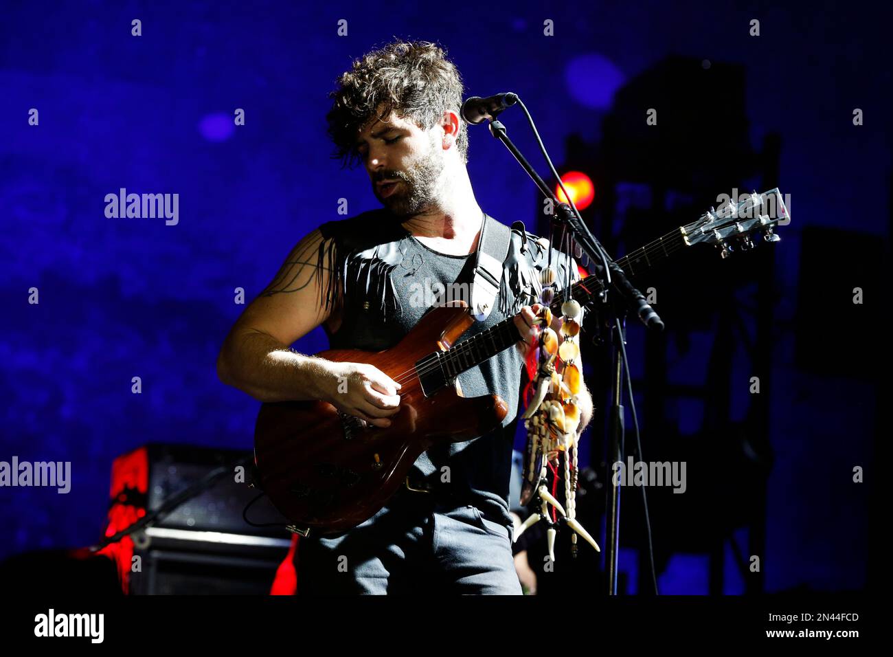 British singer Yannis Philippakis of Foals performs at Bestival at ...