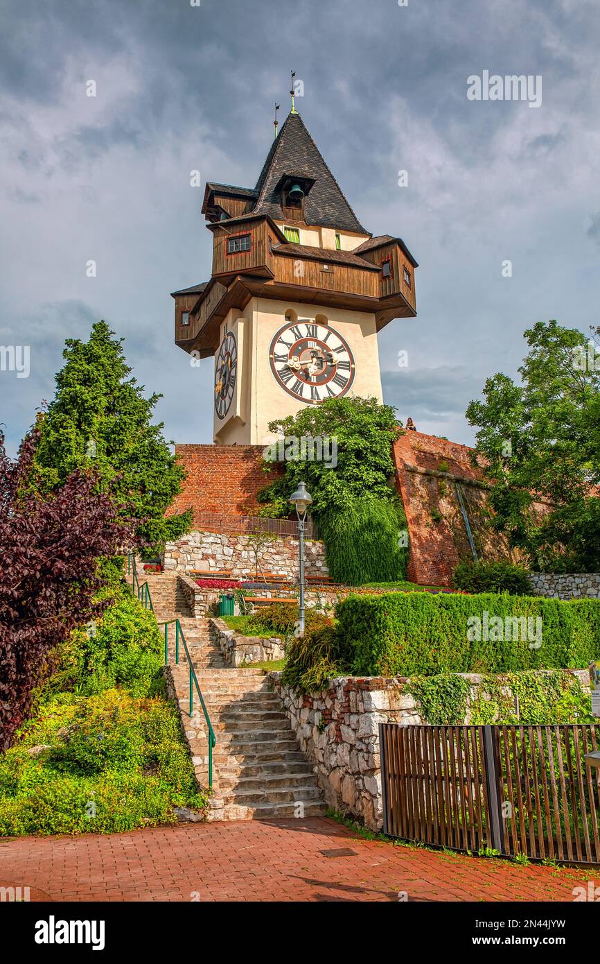 The Clock tower (Uhrturm) on Schlossberg hill in Graz, Austria ...