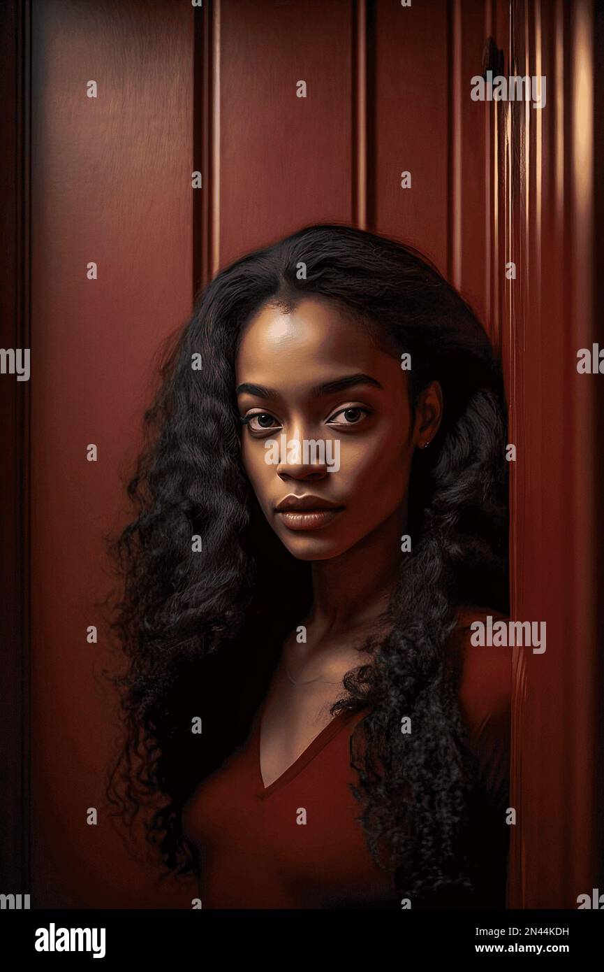 Beautiful Young Dark Skinned Woman Indoor Portrait Looking Out An