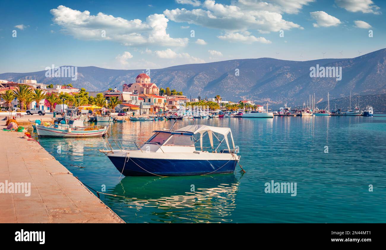 Wonderful summer cityscape of Kilada port with Eastern Orthodox Church ...