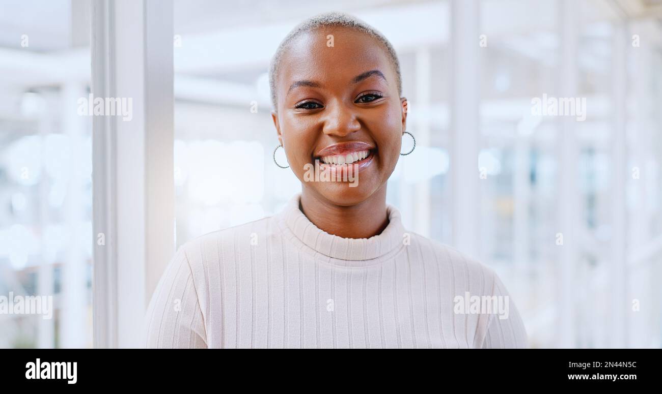 Happy, smile and face of business woman in office for management ...
