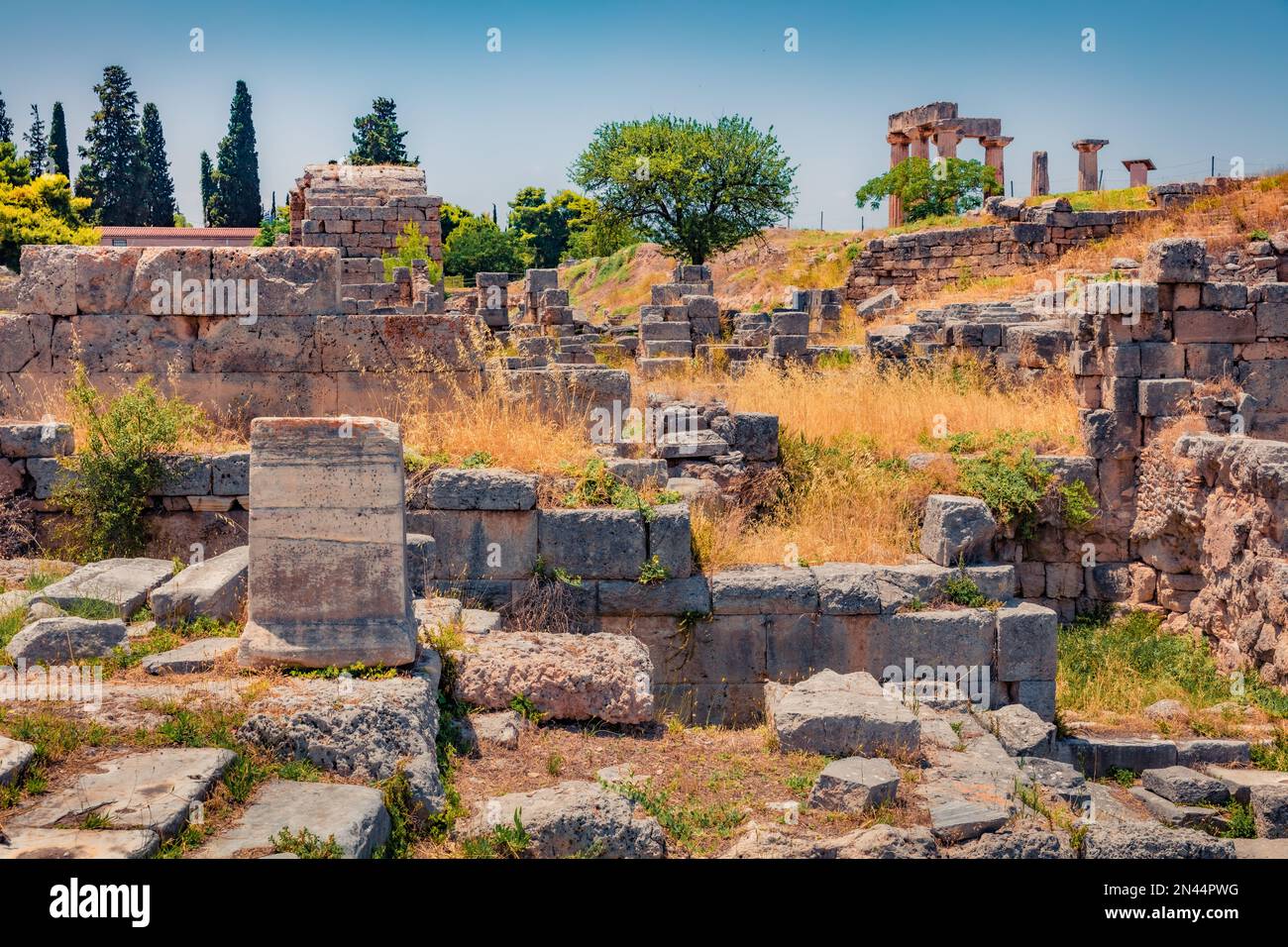 Sunny summer view of remains of important Roman city - Corinth ...