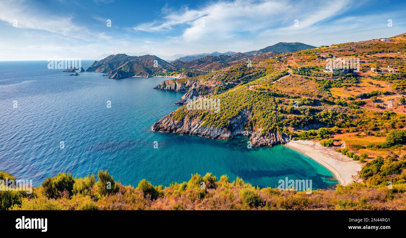 Aerial summer view of Mageiras beach. Sunny morning scene of Euboea ...