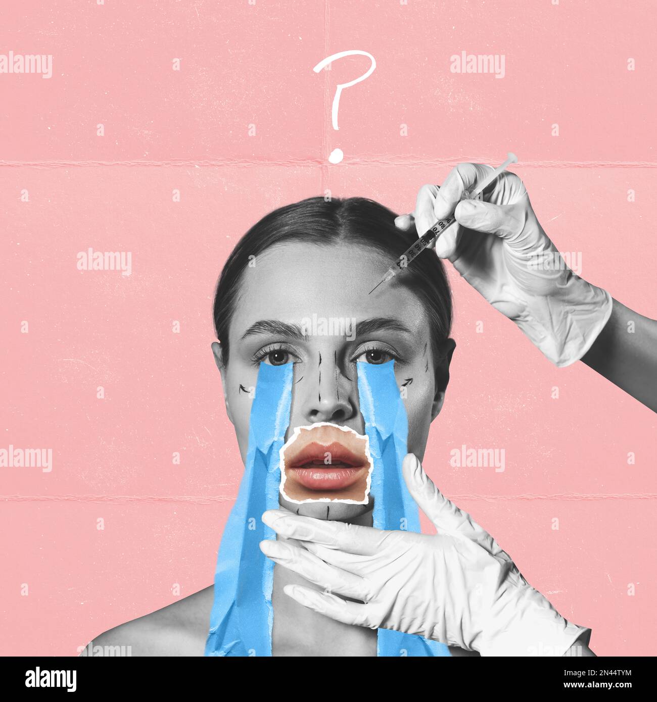 Contemporary art collage. Painful procedure. Young woman doing ...