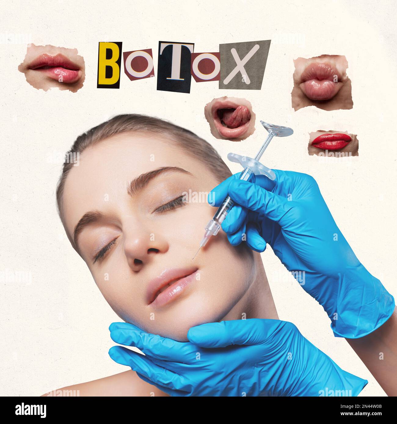 Contemporary art collage. Anti-wrinkles and face lifting care. Young ...