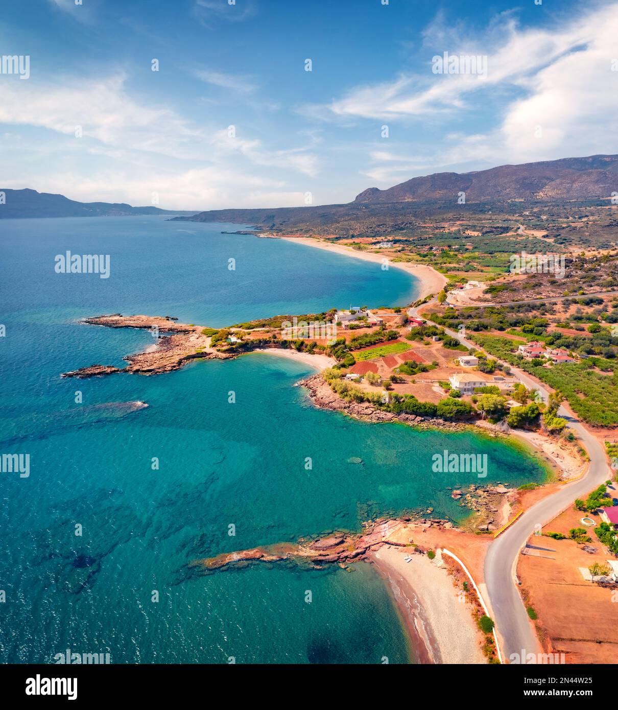 View from flying drone of Pyla beach, Demonia village location ...