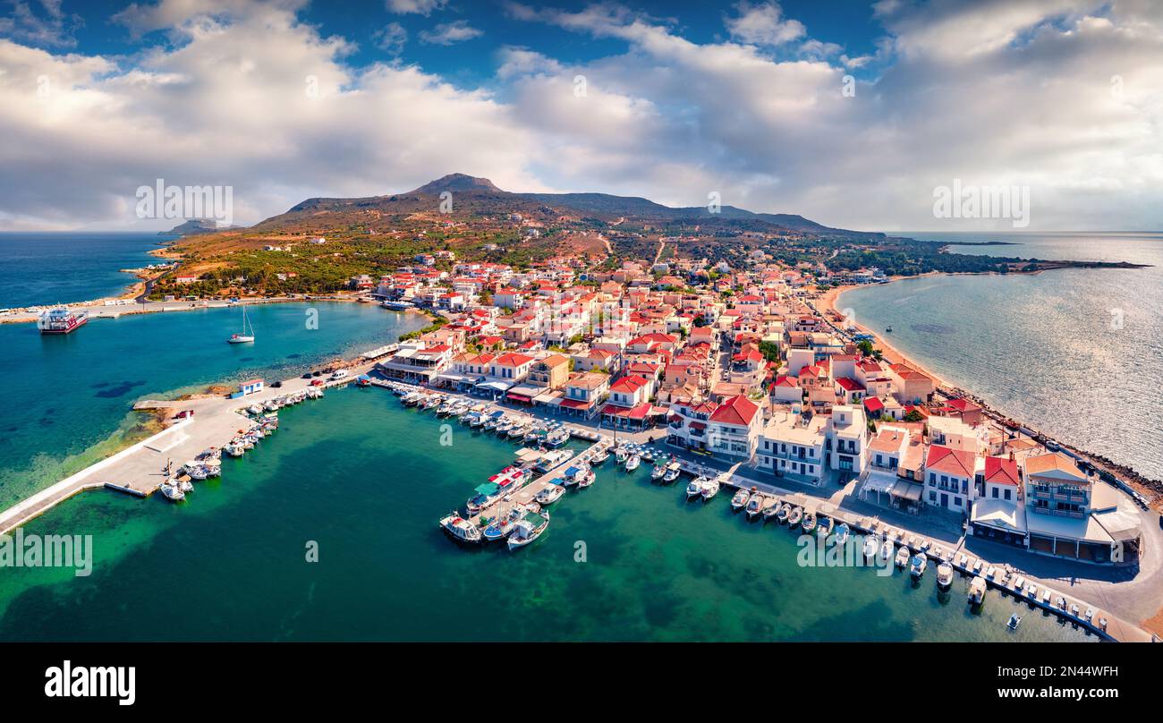 Coilorful summer cityscape of Elafonisos town. View from flying drone ...