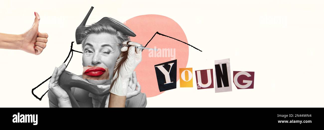 Contemporary art collage. Make younger look. Woman doing hyaluronic ...