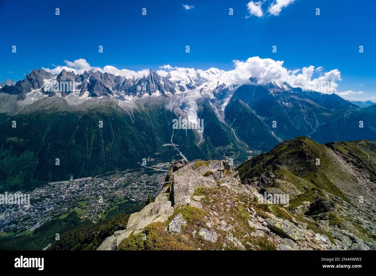 Aerial view on the town of Chamonix and the Mont Blanc massif, seen ...