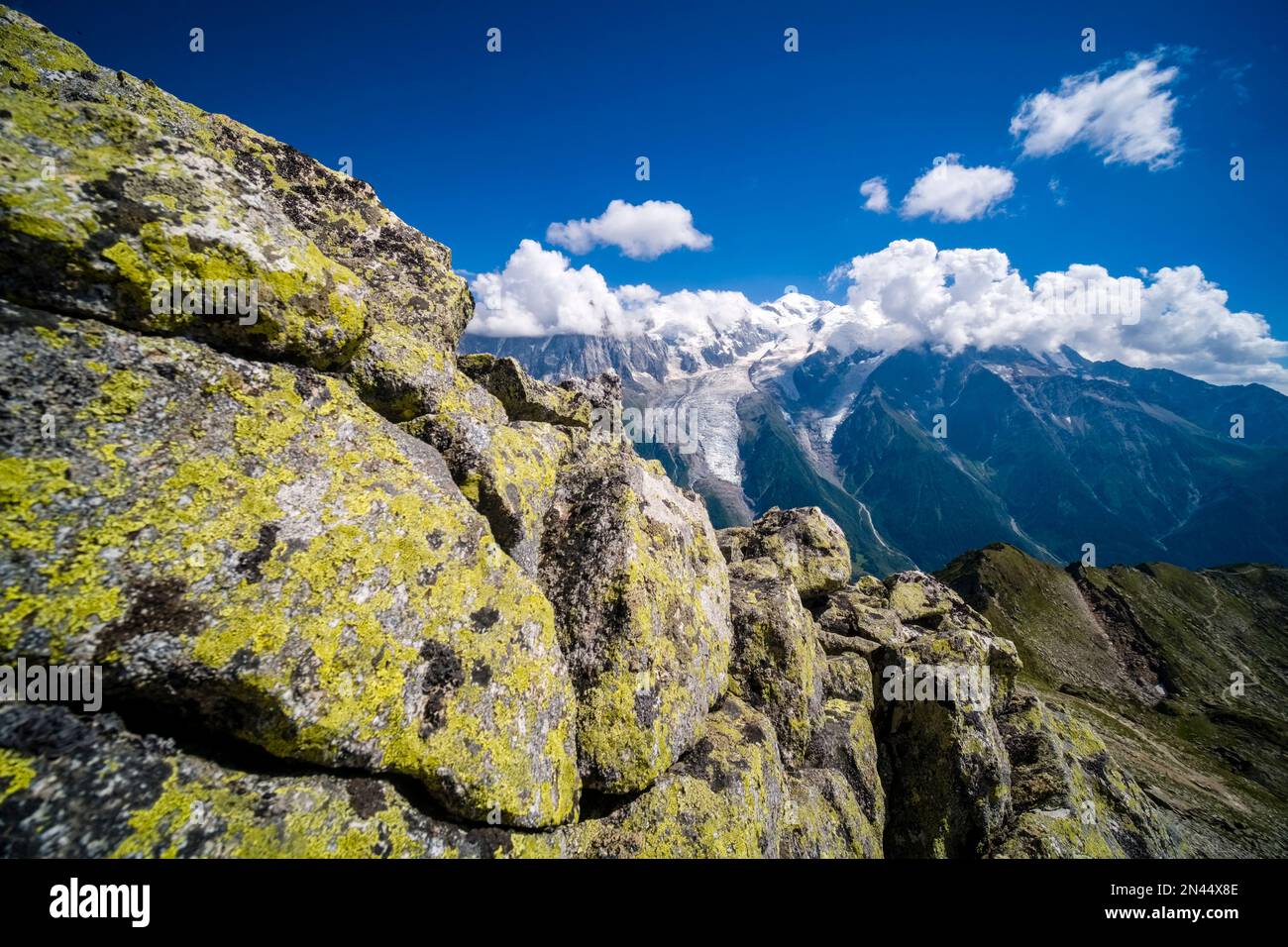 The summit of Mont Blanc and the Bossons Glacier, seen from Le Brevent ...