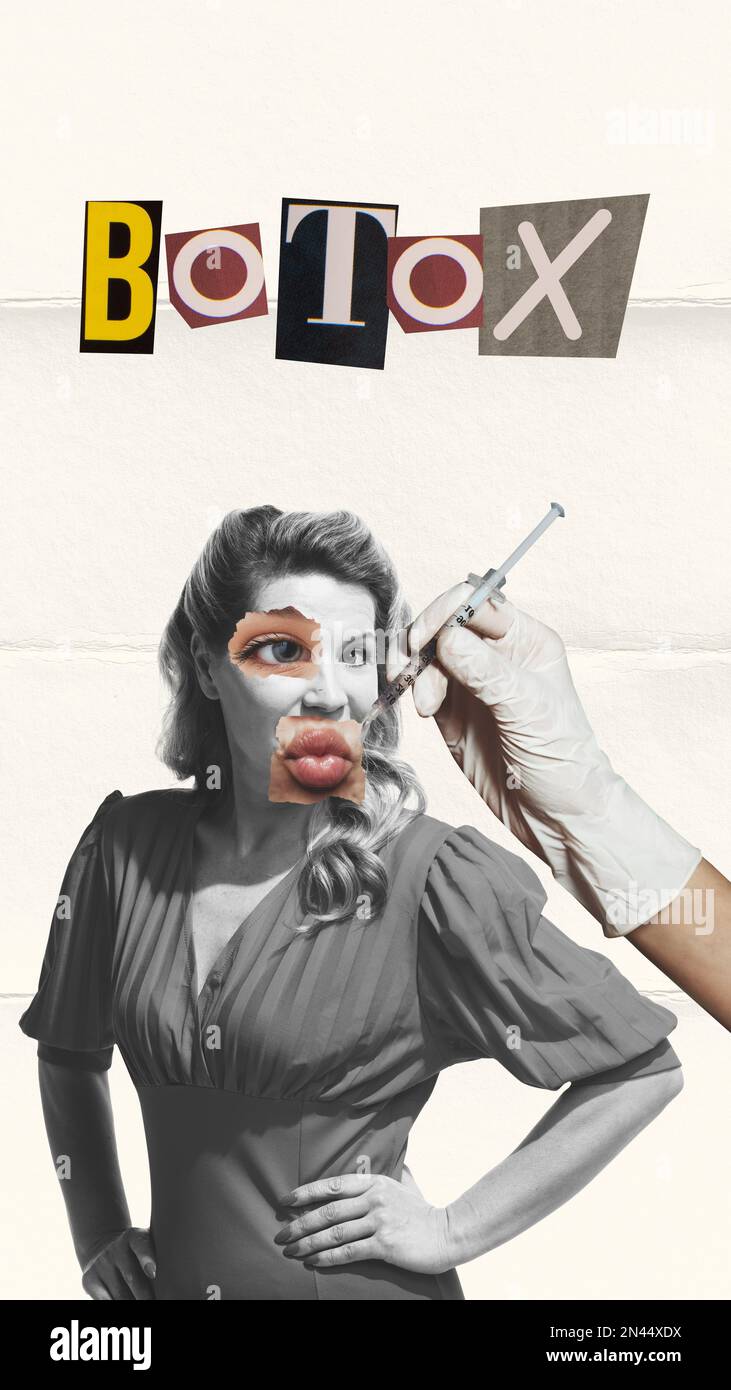 Contemporary art collage. Mature woman doing cosmetological injections ...