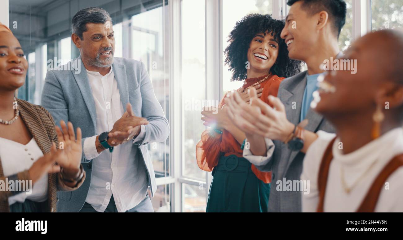 Celebration applause, diversity team or business people clapping for ...