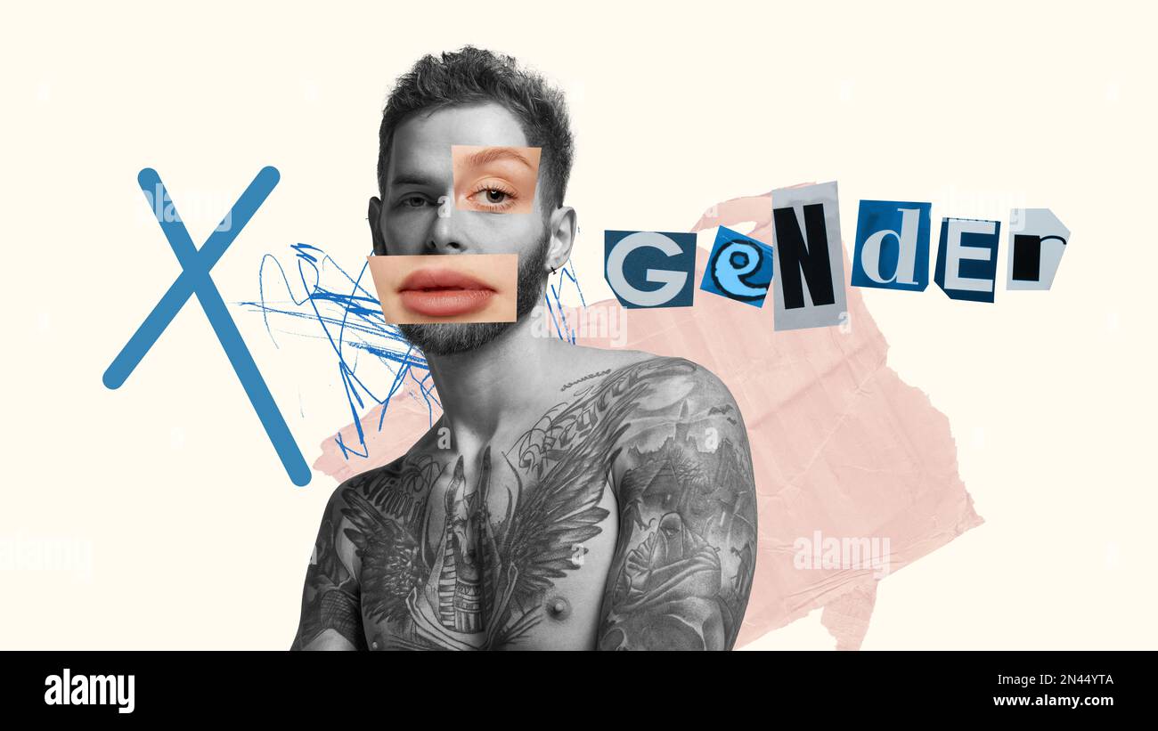 Contemporary art collage. Gender X. Man taking care after face, doing ...