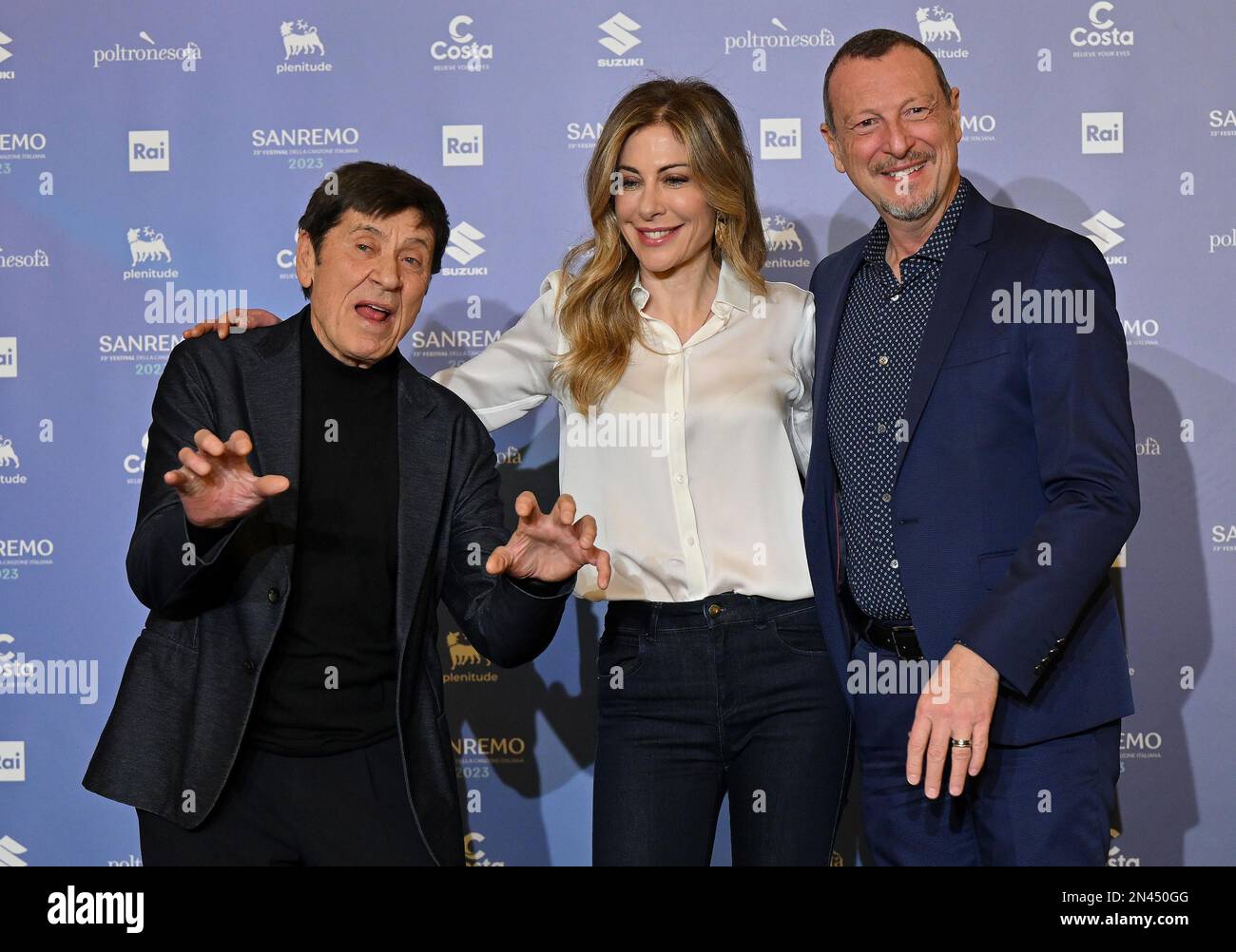 February 8, 2023, SANREMO, ITALIA: Sanremo Festival host and artistic director Amadeus (R ...