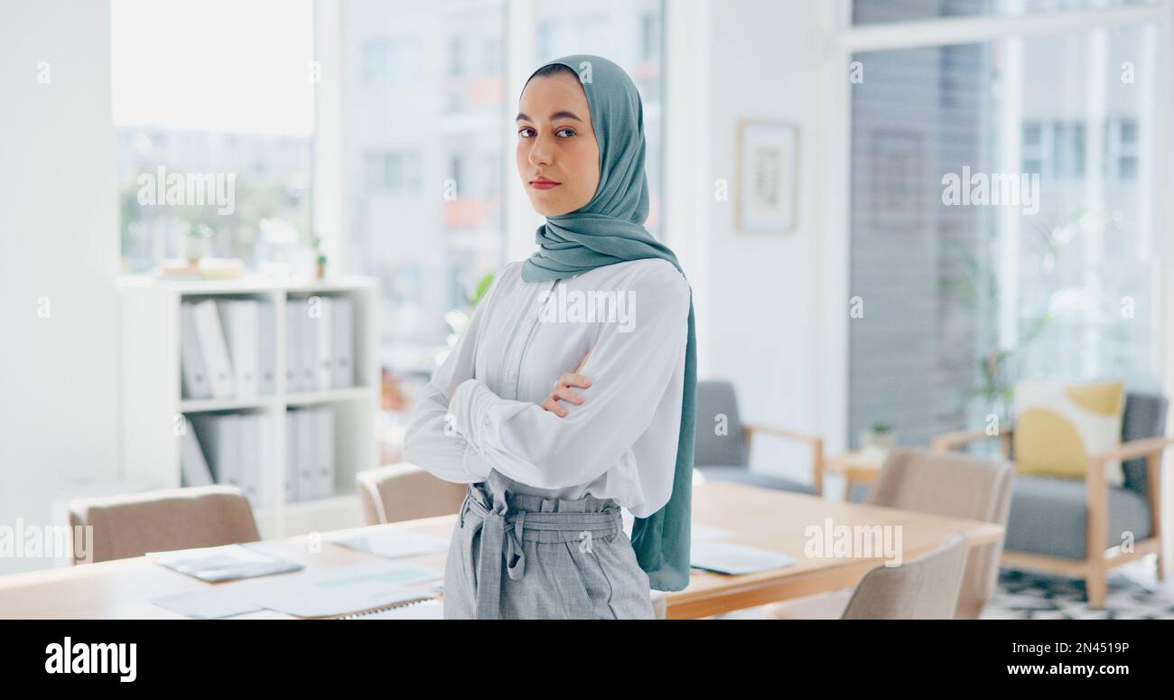 Muslim executive, woman and face with arms crossed in office for vision ...