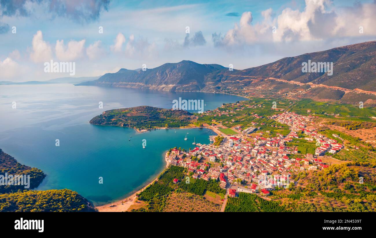 View from flying drone of Palaia Epidavros, small town in the Argolis ...