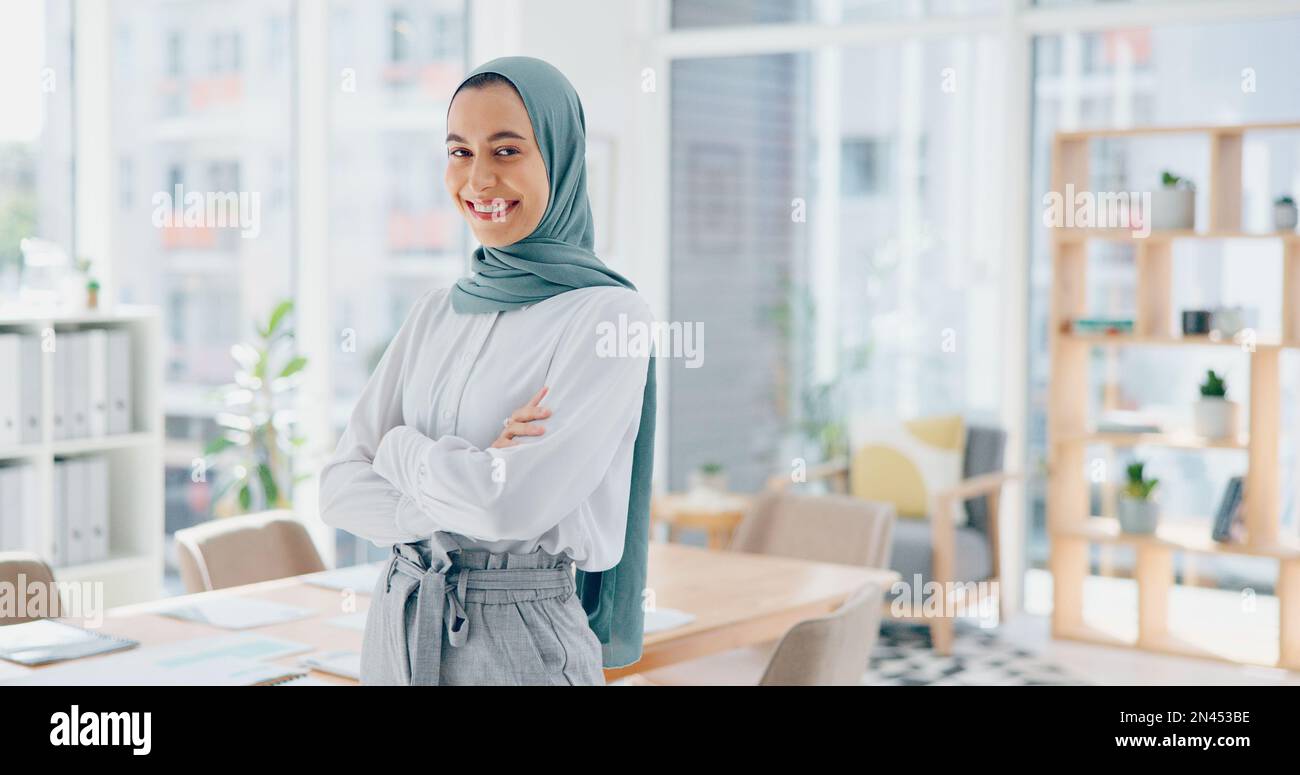 Islamic, woman or portrait of a muslim designer with pride or smile ...