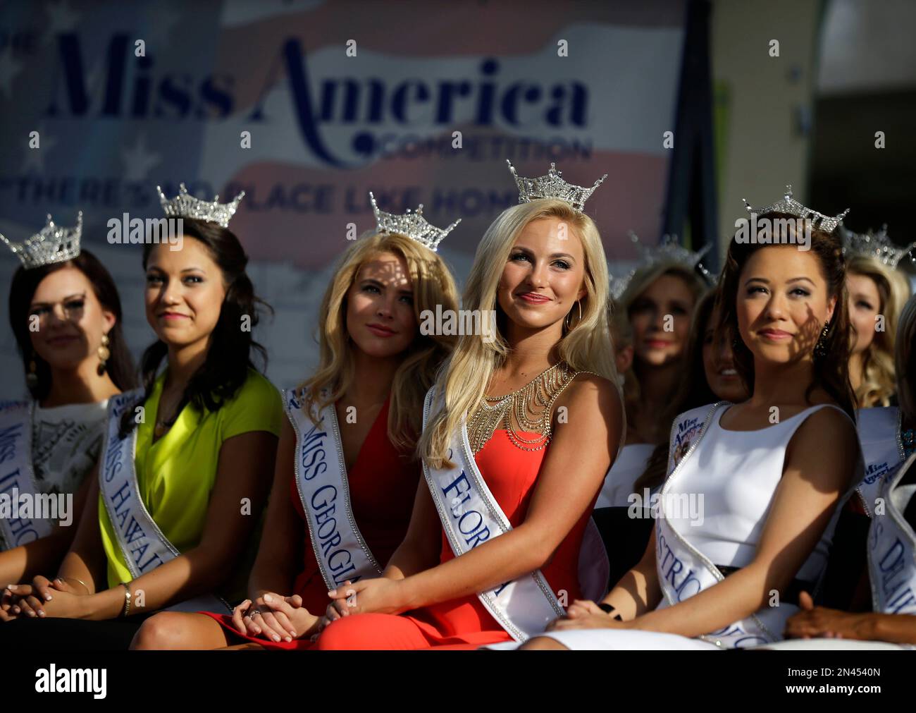 Miss America Pageant contestants, from left, Miss Idaho Sierra Sandison ...