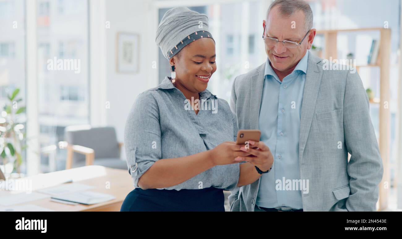 Woman, phone and businessman for social media, laughing and funny meme ...