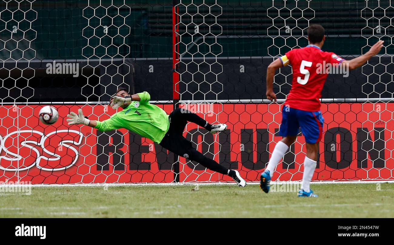 Nicaragua goalkeeper Justo Carlos Lorente can't stop a penalty kick by ...