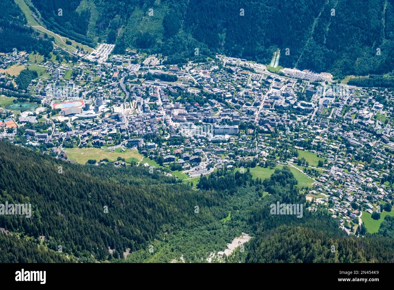 Aerial view on the town of Chamonix, seen from Le Brevent Stock Photo ...