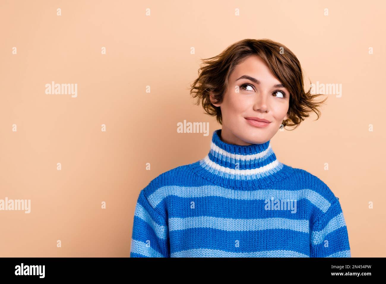 Photo of nice adorable minded person look interested empty space ...