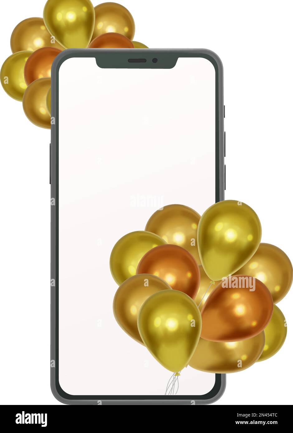 Realistic smartphone mockup with golden balloons arrangements Stock ...