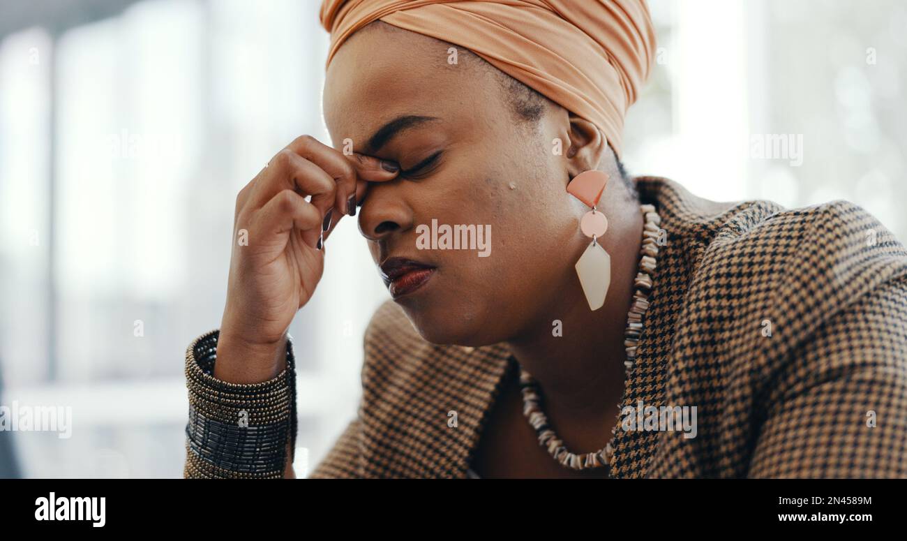 Business, stress and black woman with headache, anxiety and pressure ...